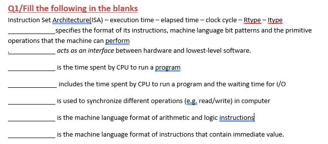 Solved Q1/Fill the following in the blanks Instruction Set | Chegg.com