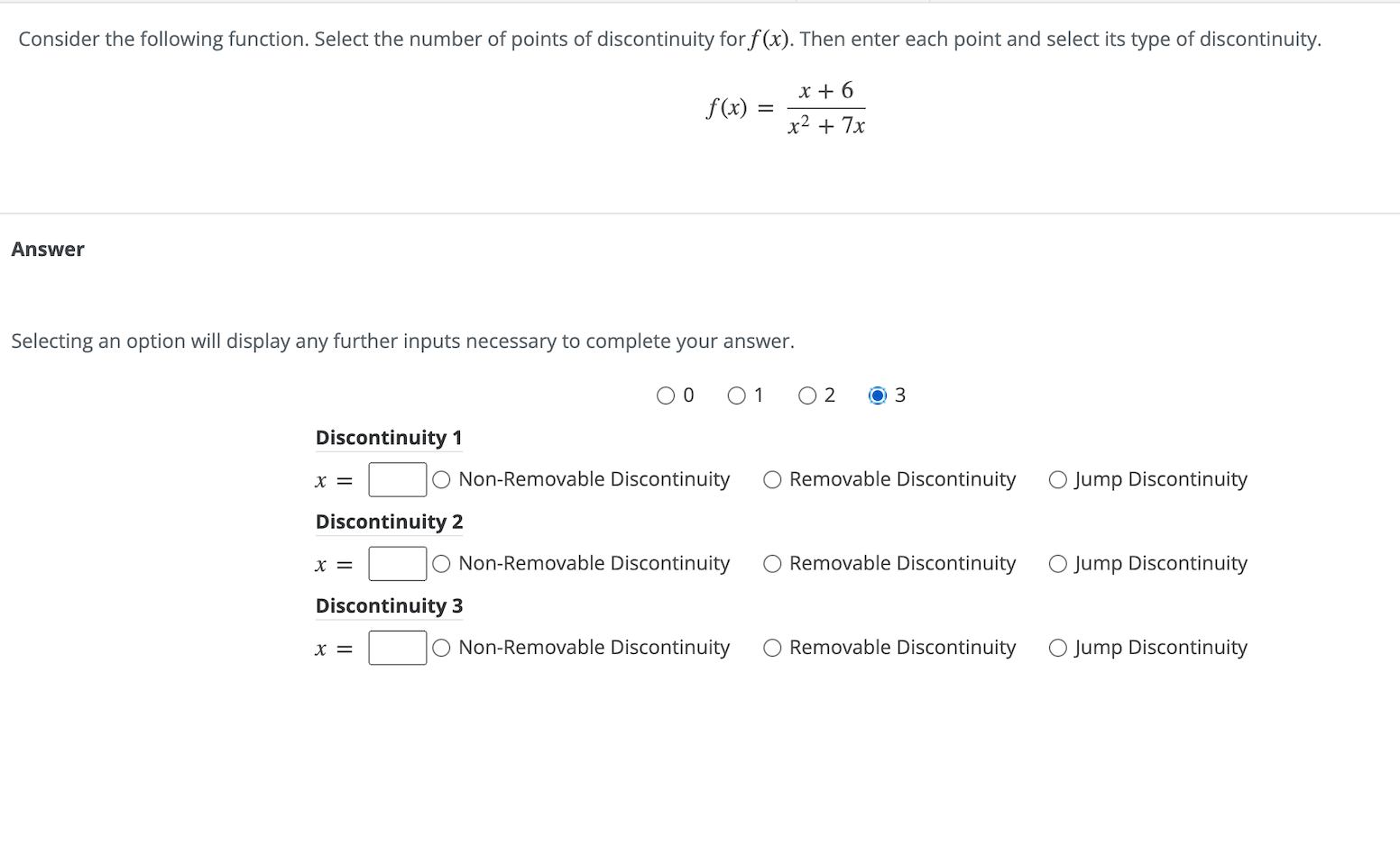 Solved f(x)=x2+7xx+6 Answer Selecting an option will display | Chegg.com