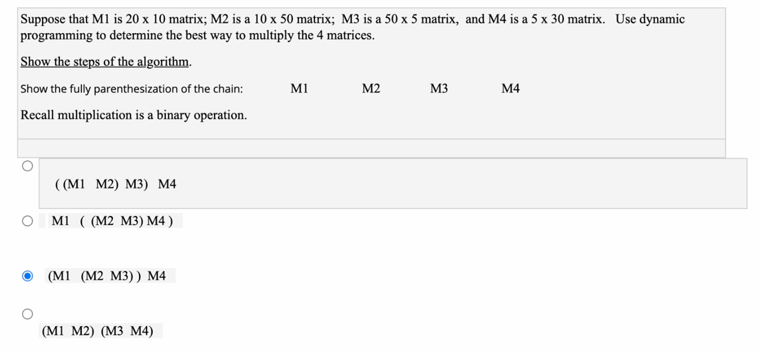 Solved Suppose that M1 is 20×10 matrix; M2 is a 10×50 | Chegg.com