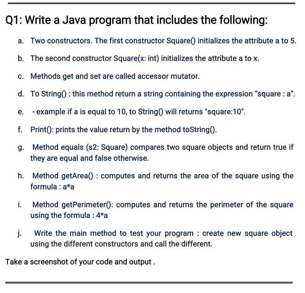 Solved Q1: Write a Java program that includes the following: | Chegg.com