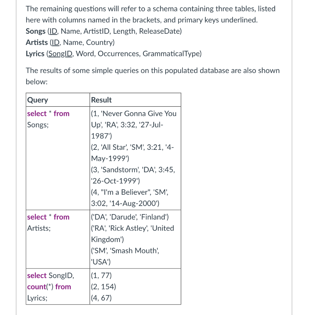 Solved The remaining questions will refer to a schema | Chegg.com