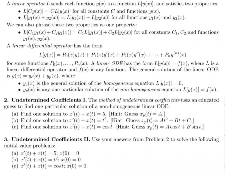 Solved The i believe the answers to number 2 are: (a) xp(t) | Chegg.com