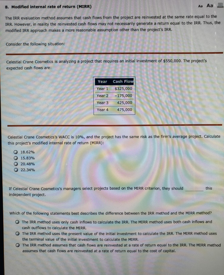 Solved 8 Modified Internal Rate Of Return Mirr Aa Aa The