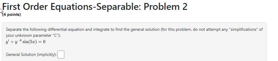 Solved First Order Equations Separable Problem 2 4 Points