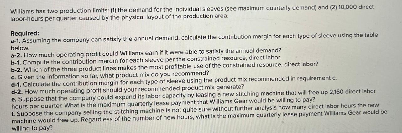 Solved Williams has two production limits: (1) the demand | Chegg.com