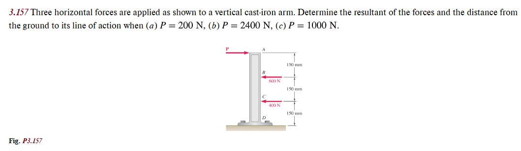 [Solved]: 3.157 Three horizontal forces are applied as shown