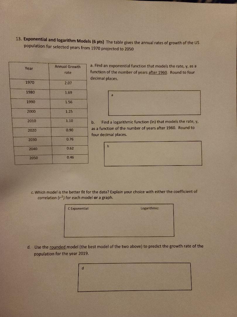 Solved 13. Exponential and logarithm Models (6 pts) The | Chegg.com