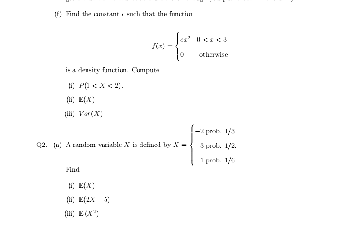 Solved (f) ﻿Find the constant c ﻿such that the | Chegg.com
