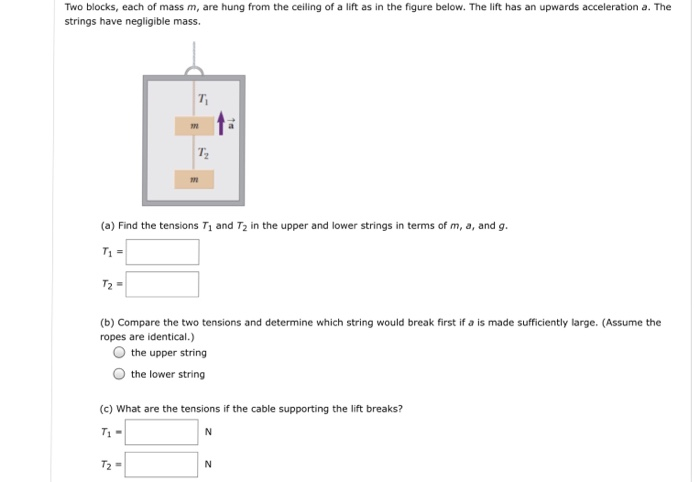 Solved Two blocks, each of mass m, are hung from the ceiling | Chegg.com