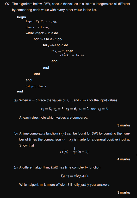 Solved Q7. The algorithm below, Diff1, checks the values in | Chegg.com