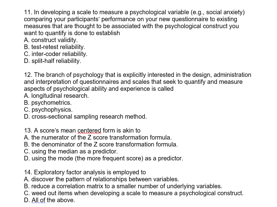 Solved 11. In developing a scale to measure a psychological | Chegg.com