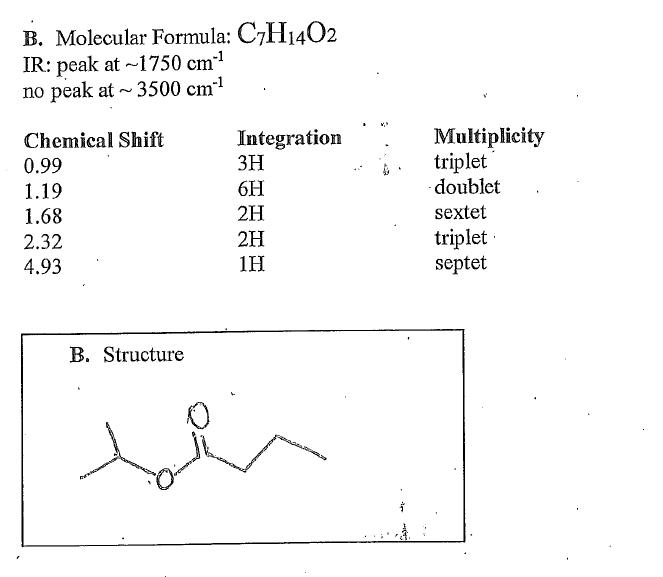 Solved B. Molecular Formula: C7H14O2 IR: peak at ∼1750 cm−1 | Chegg.com