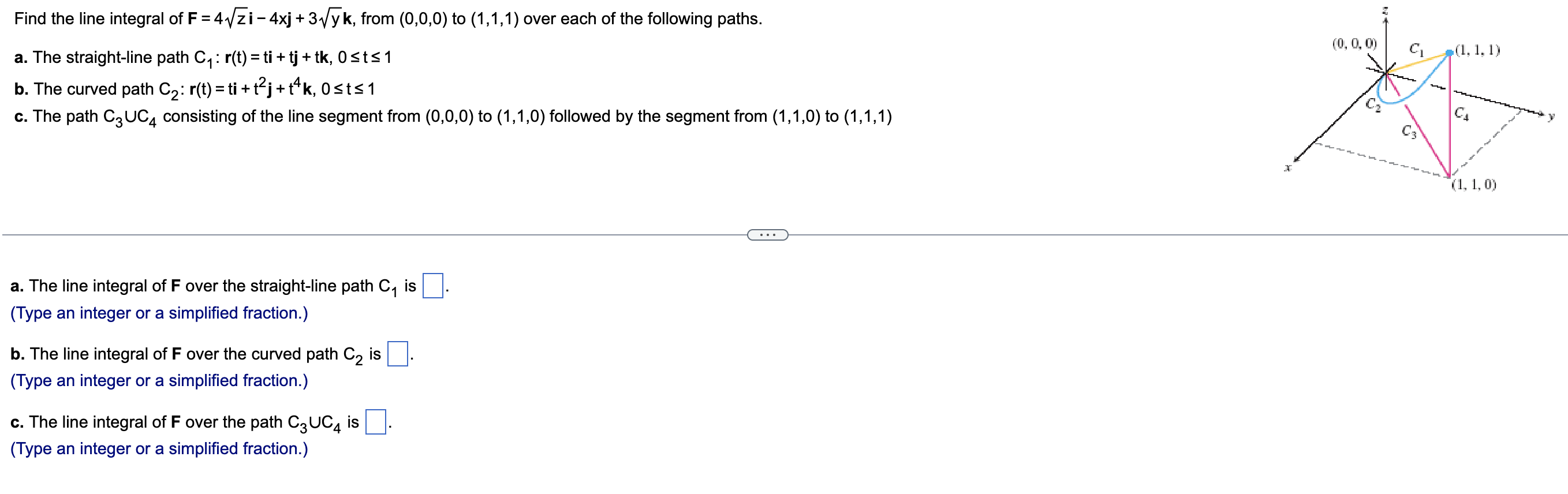 Solved Find the line integral of F=4zi−4xj+3yk, from (0,0,0) | Chegg.com