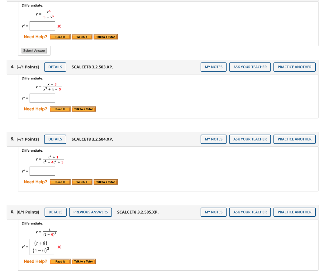 Solved Differentiate. Y 5 y' = x Need Help? Read It Watch It | Chegg.com