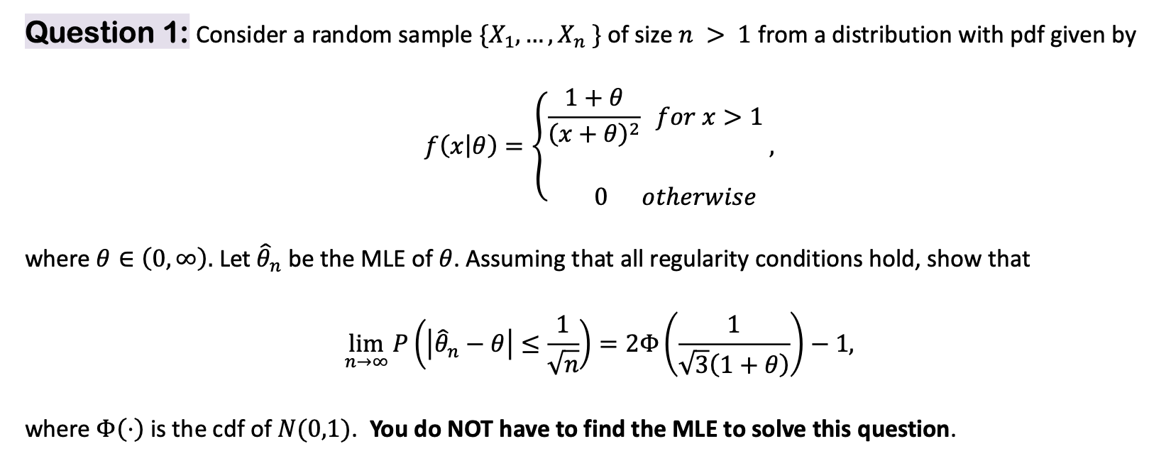 Solved Question 1: Consider a random sample {X1, ..., Xn } | Chegg.com
