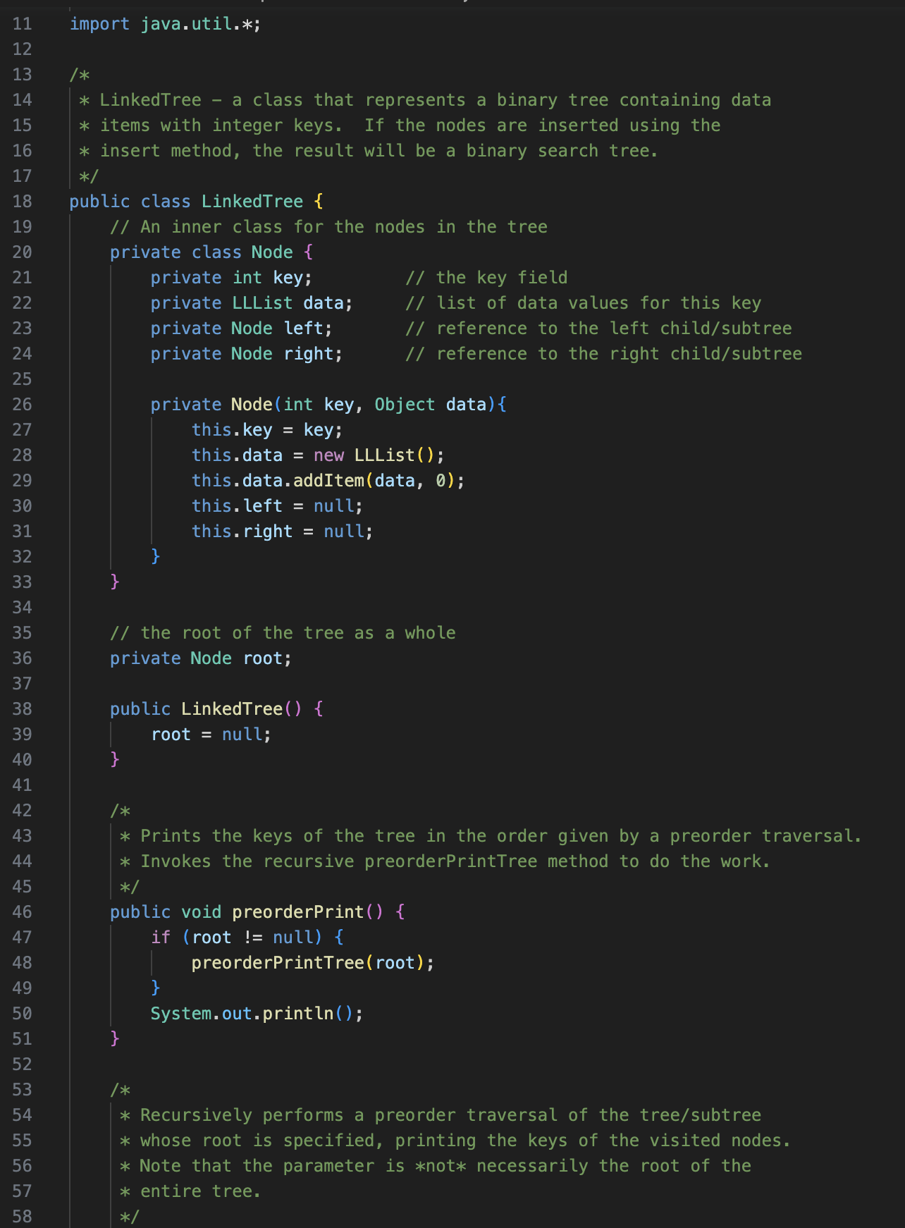 Solved he file LinkedTree. java, add code that completes the | Chegg.com