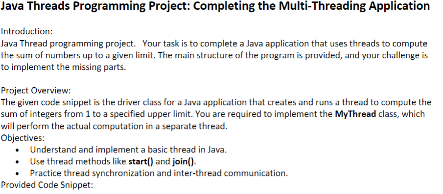 Solved Introduction: Java Thread programming project. Your | Chegg.com