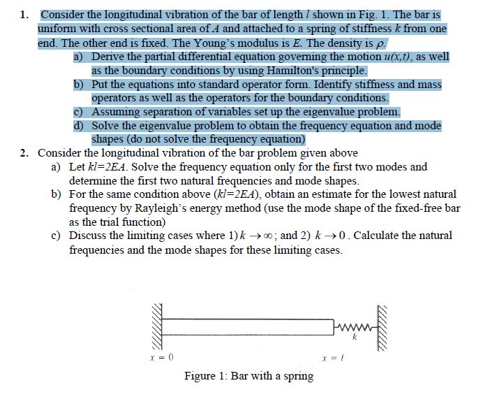 Solved 1. Consider the longitudinal vibration of the bar of | Chegg.com