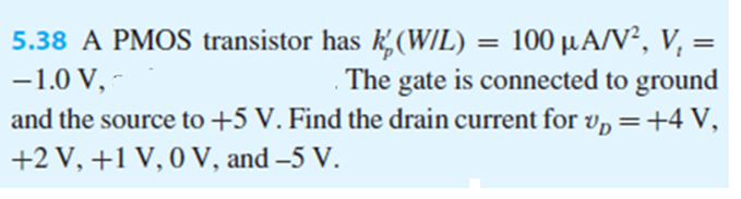 Solved 5.38 A PMOS transistor has kp′(W/L)=100μA/V2,Vt= −1.0 | Chegg.com