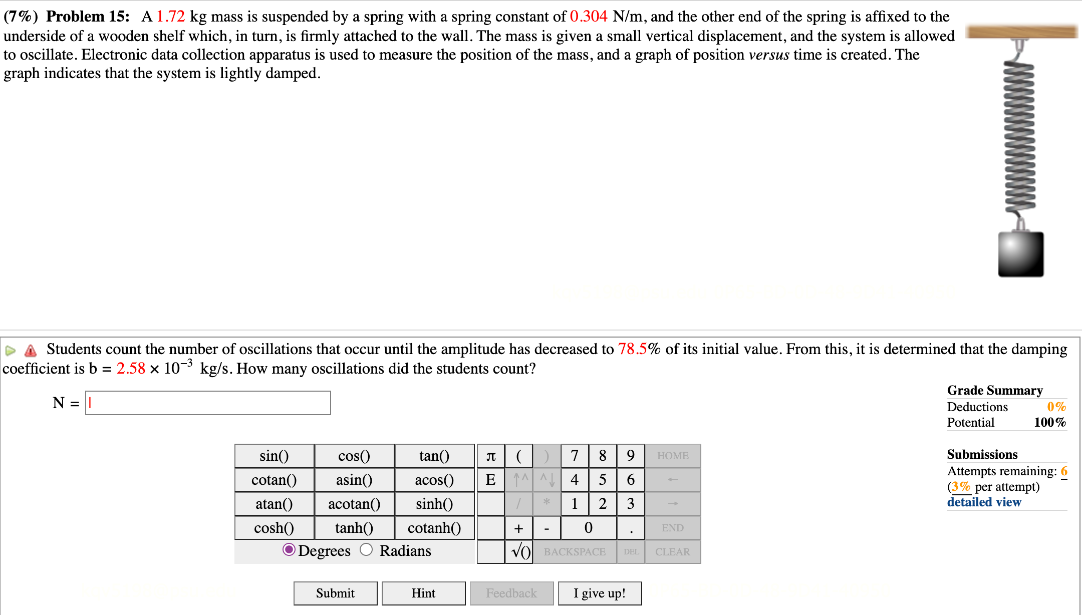 Solved 7\%) Problem 15: A 1.72 kg mass is suspended by a | Chegg.com