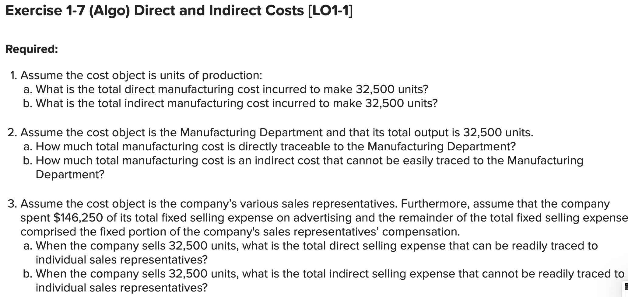 Solved Exercise 1 7 Algo Direct And Indirect Costs [lo1 1]