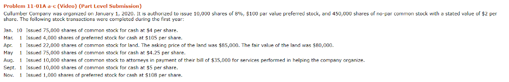Solved Problem 11-01A a-c (Video) (Part Level Submission) | Chegg.com
