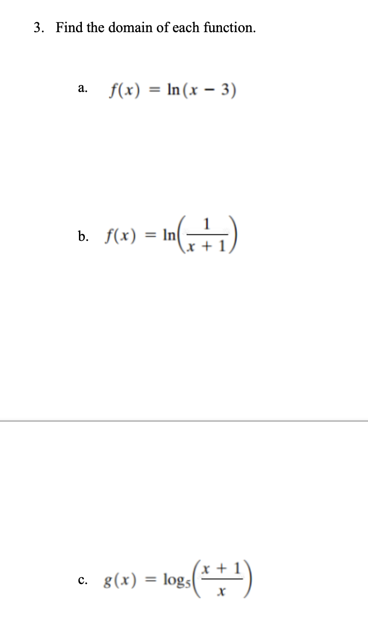 Solved 3. Find the domain of each function. a. f(x)=ln(x−3) | Chegg.com