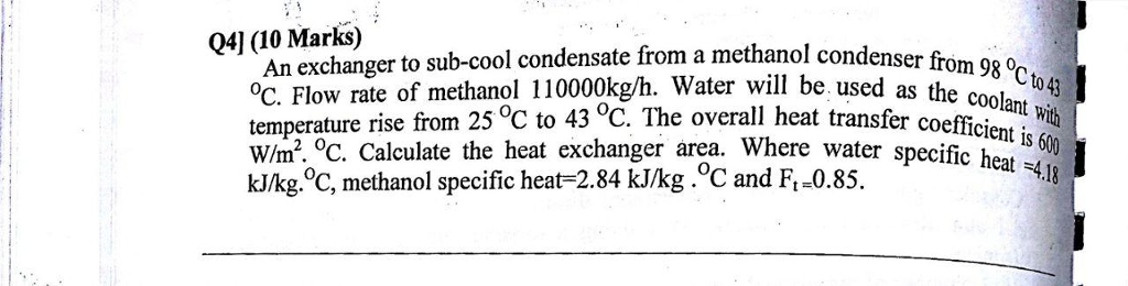 Solved An exchanger to sub-cool condensate from a methanol | Chegg.com