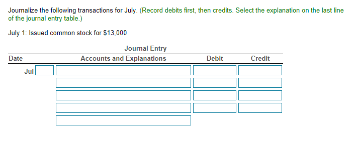 Solved Journalize the following transactions for July. | Chegg.com