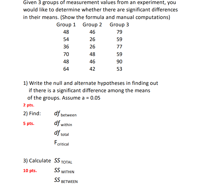 Solved Given 3 groups of measurement values from an | Chegg.com