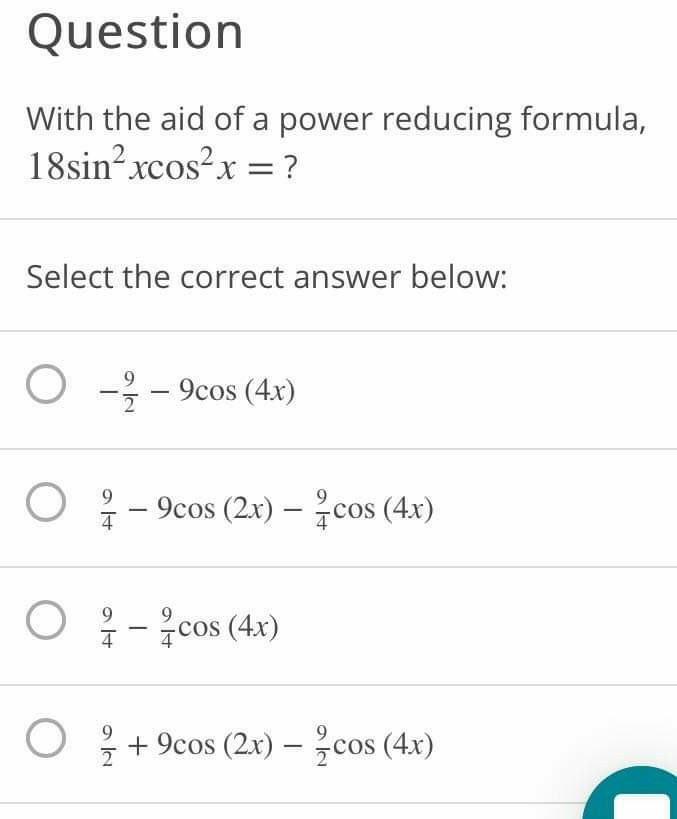Solved Question With the aid of a power reducing formula, 2 | Chegg.com