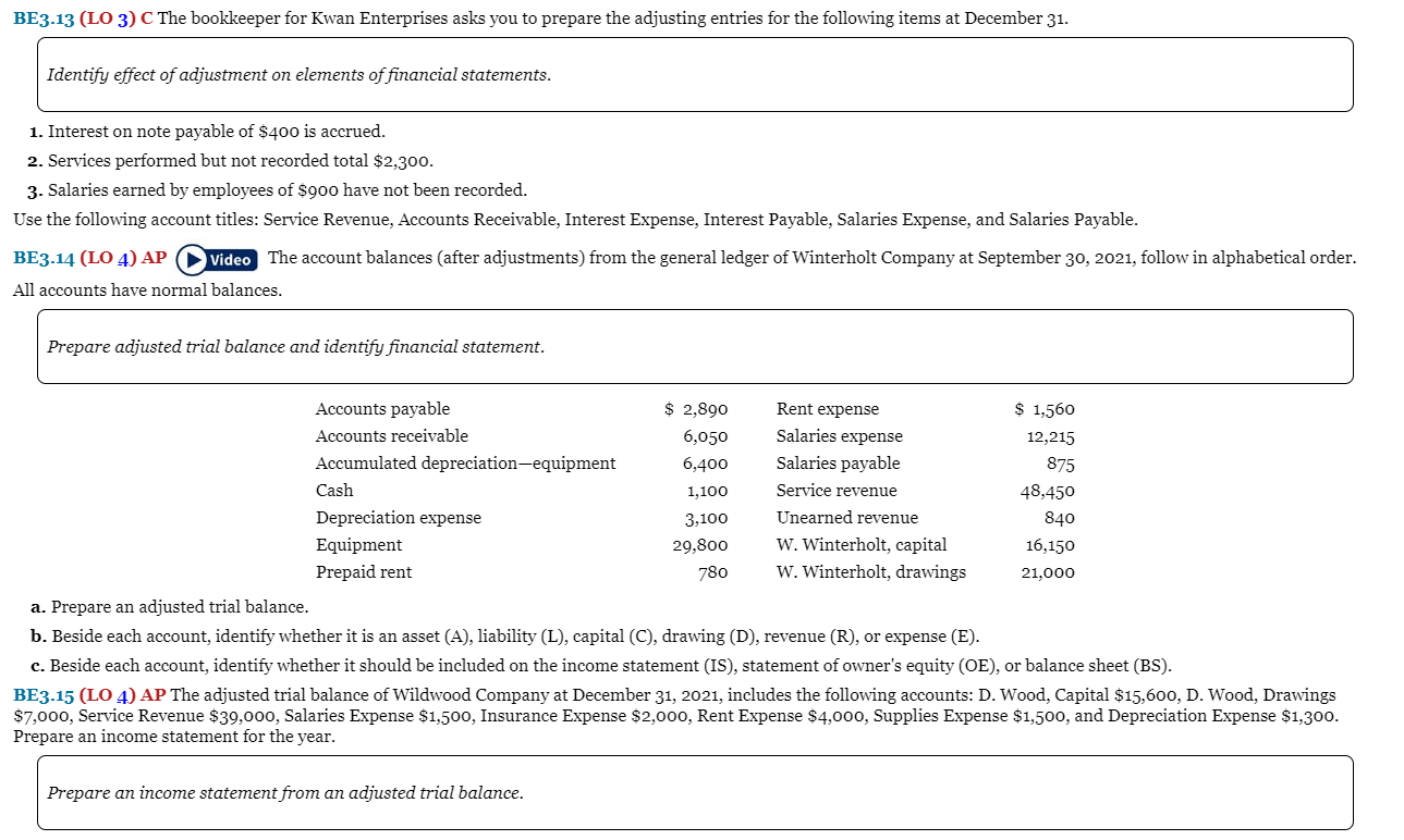 Solved BE3-13 (LO 3) C The bookkeeper for Kwan Enterprises | Chegg.com