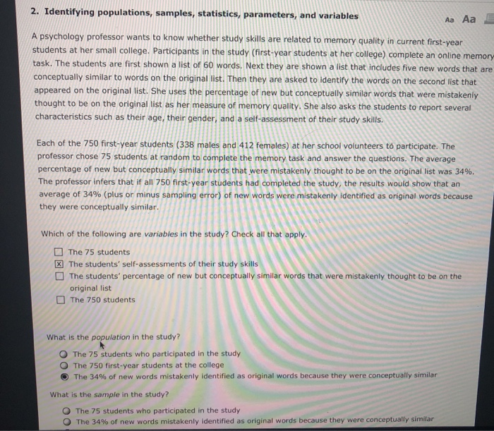 Solved 2. Identifying populations, samples, statistics, | Chegg.com