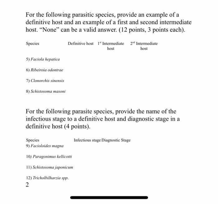 Solved For the following parasitic species, provide an | Chegg.com