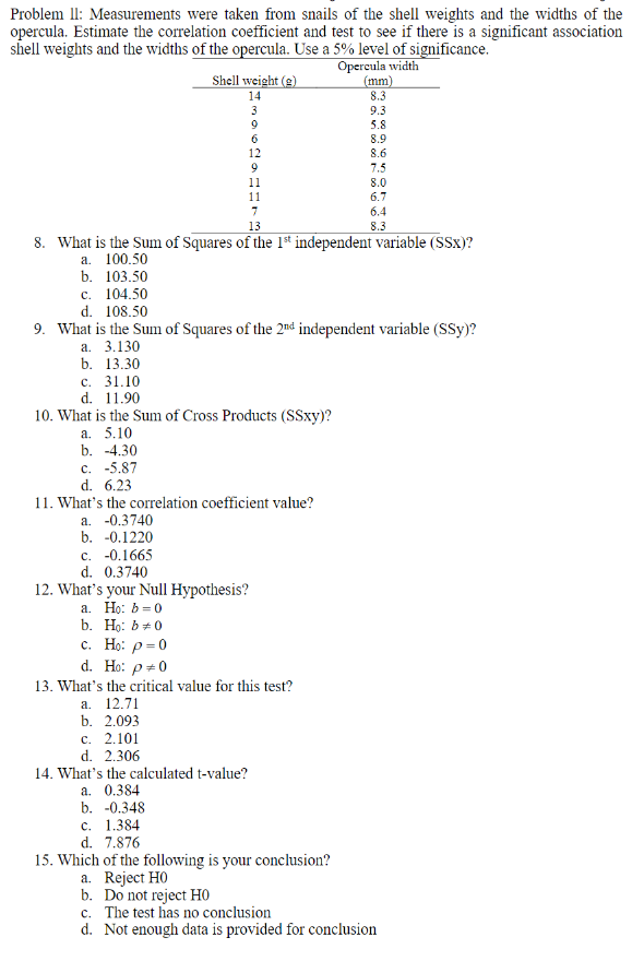 Solved Problem II: Measurements were taken from snails of | Chegg.com