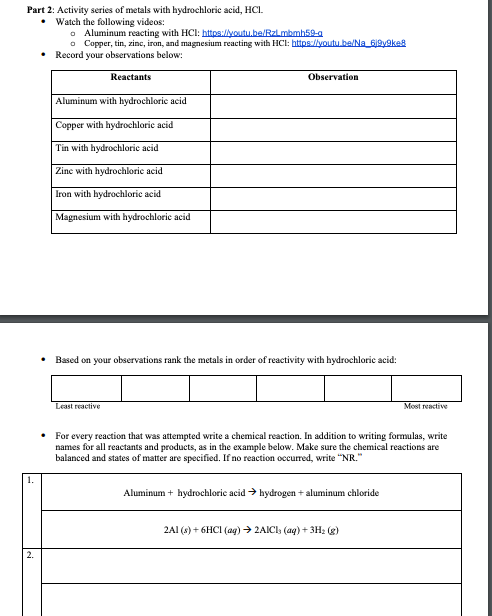 Solved Part 2: Activity series of metals with hydrochloric | Chegg.com
