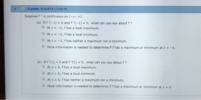 Solved 2. -15 points SCalcET8 4.3.023.MI. Suppose f"is | Chegg.com