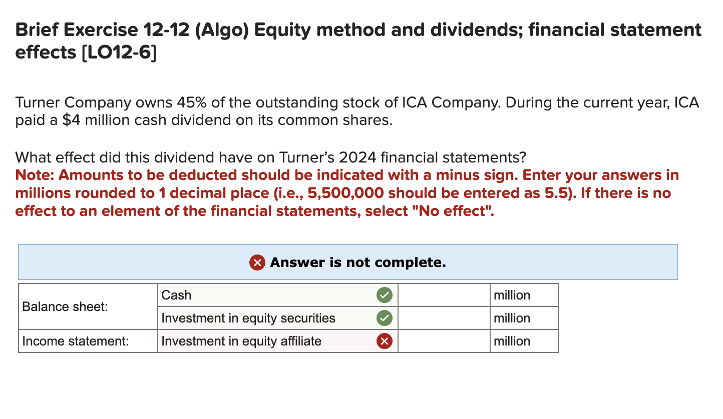 Solved Brief Exercise 12-12 (Algo) Equity method and | Chegg.com