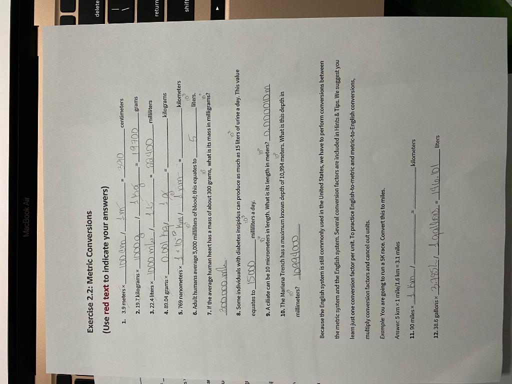 Solved MacBook Air Exercise 2.2: Metric Conversions delete | Chegg.com