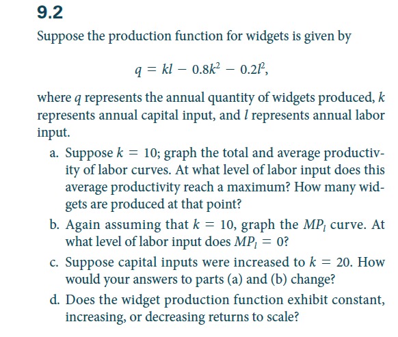 Solved 9.2Suppose the production function for widgets is | Chegg.com
