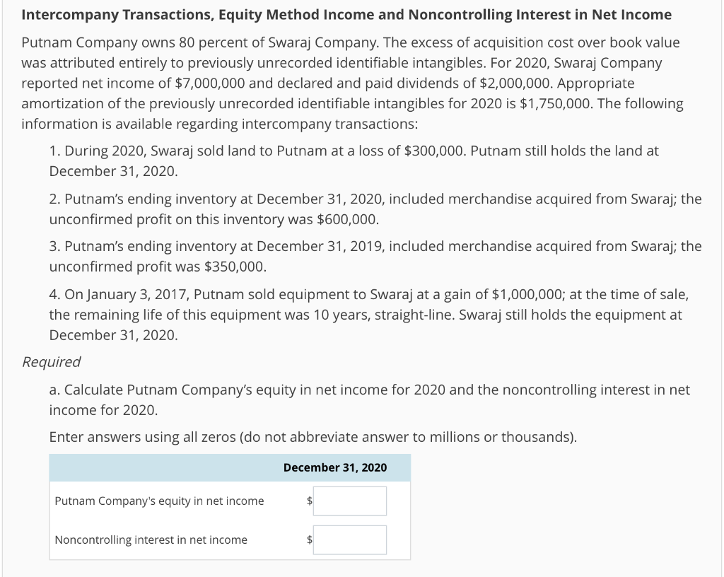 Solved Intercompany Transactions, Equity Method Income and | Chegg.com