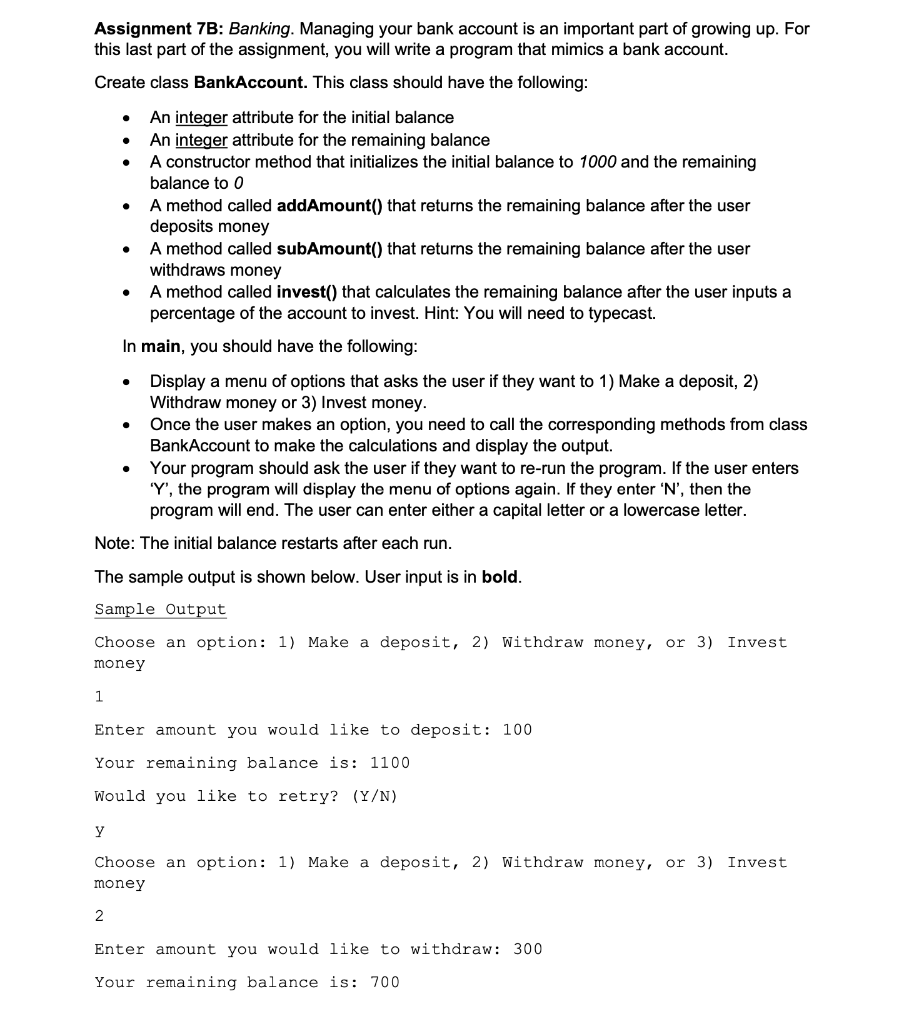 Solved . . . Assignment 7B: Banking. Managing your bank | Chegg.com