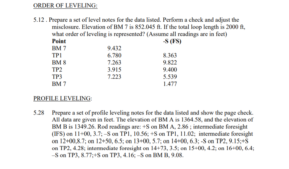 Solved ORDER OF LEVELING: 5.12. Prepare a set of level notes | Chegg.com