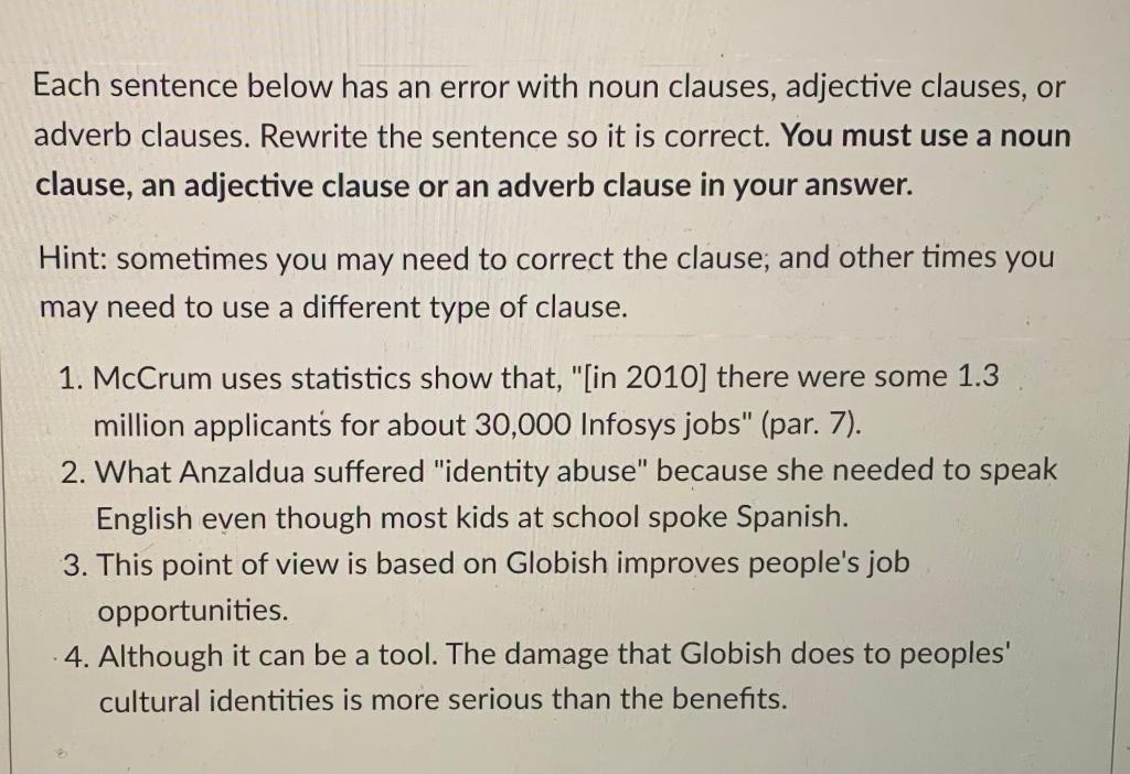 Each sentence below has an error with noun clauses, | Chegg.com