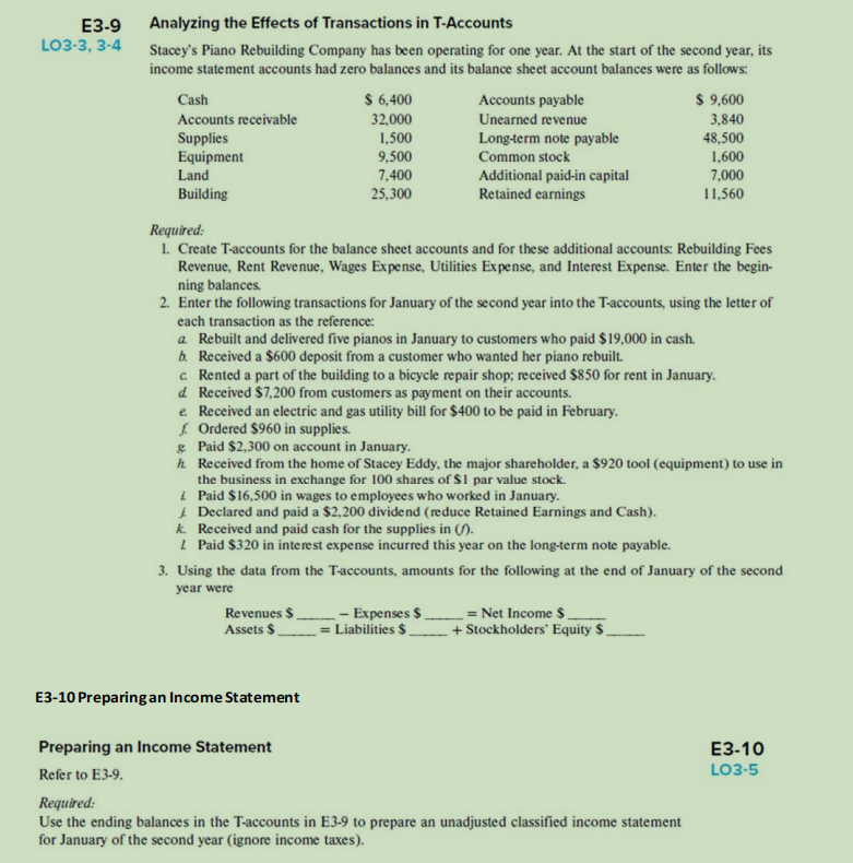 Solved E3-9 Analyzing the Effects of Transactions in | Chegg.com