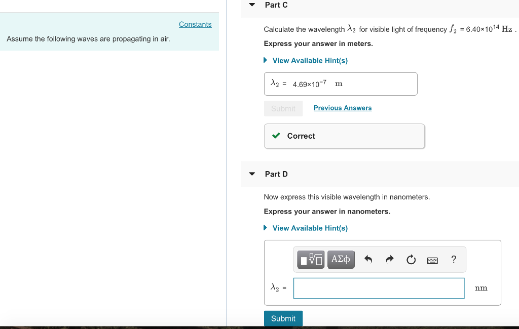 Solved Part C Constants Calculate the wavelength 12 for | Chegg.com