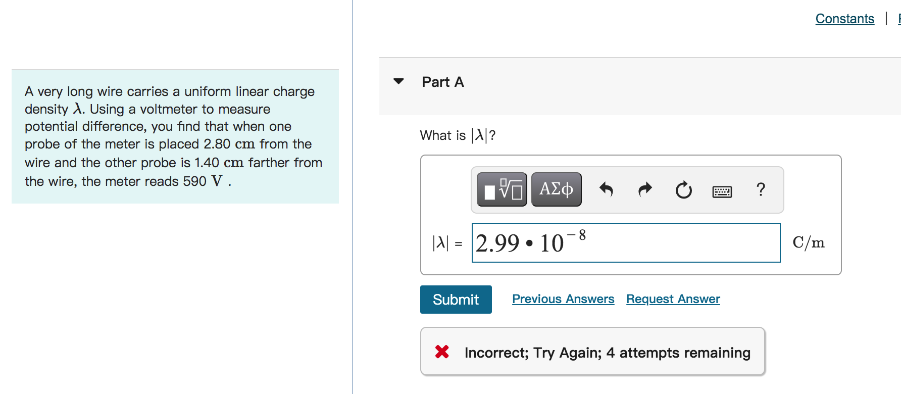 Solved Constants Part A A very long wire carries a uniform | Chegg.com