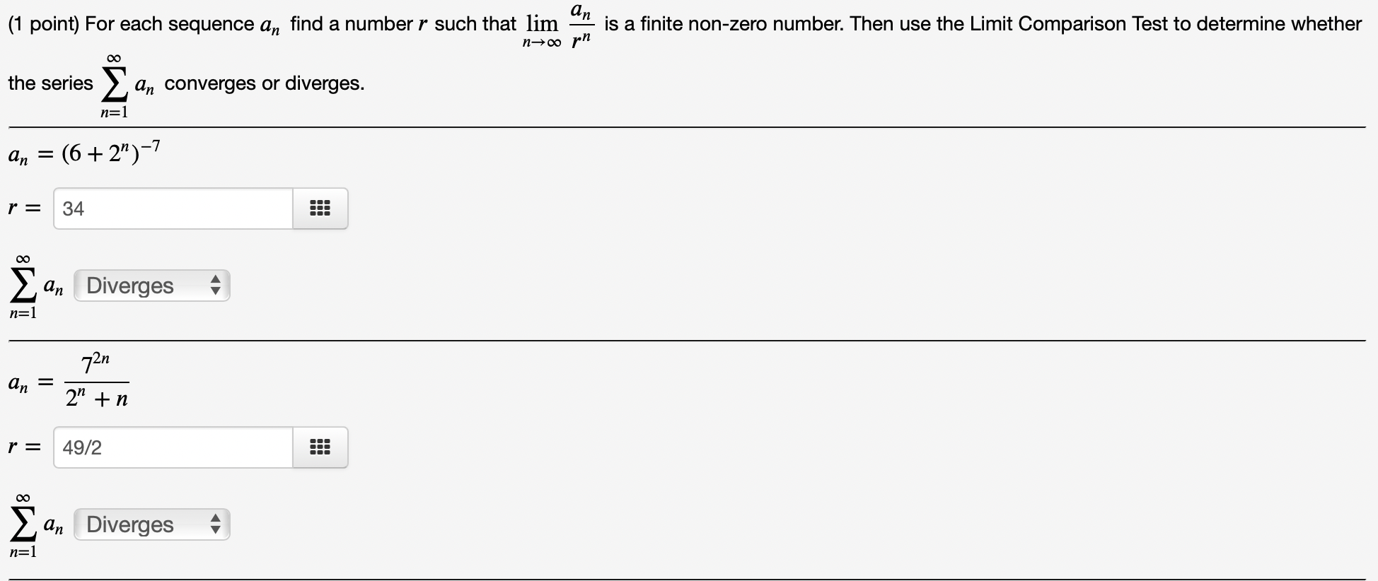 Solved 1 point) For each sequence 𝑎𝑛an find a number 𝑟r | Chegg.com
