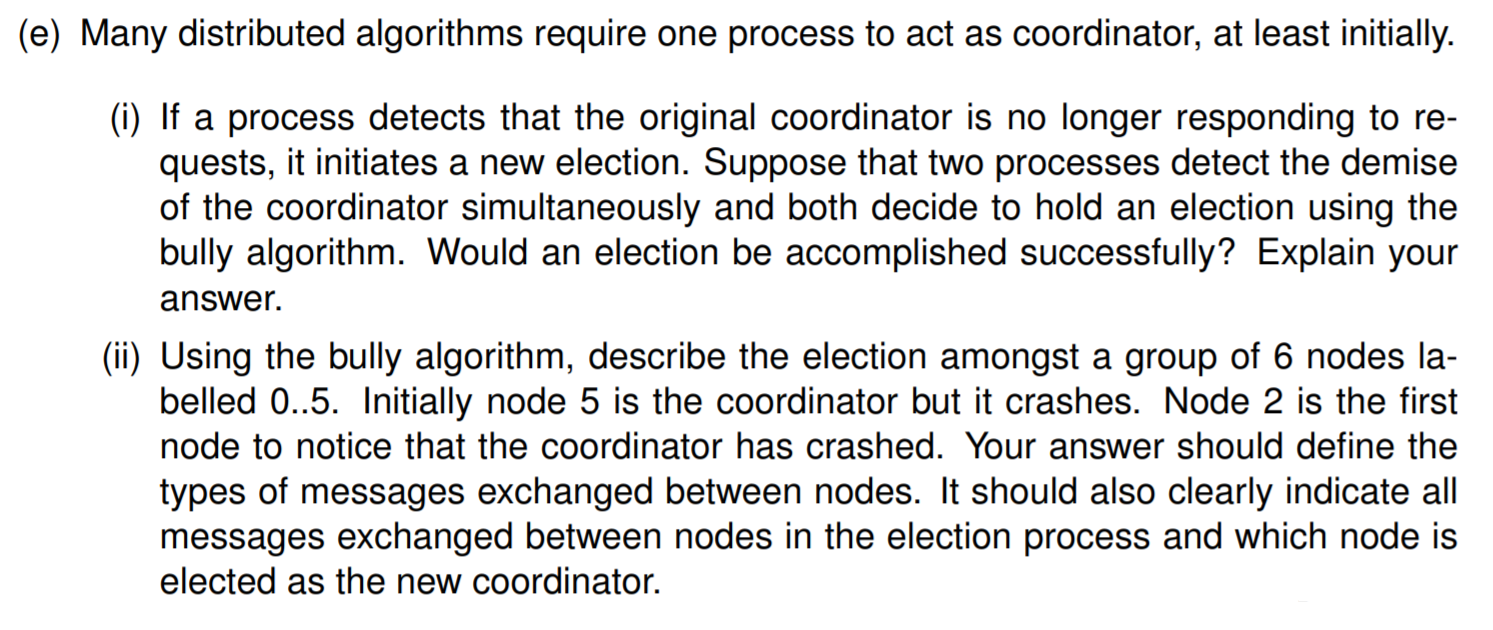 Solved (e) Many distributed algorithms require one process | Chegg.com