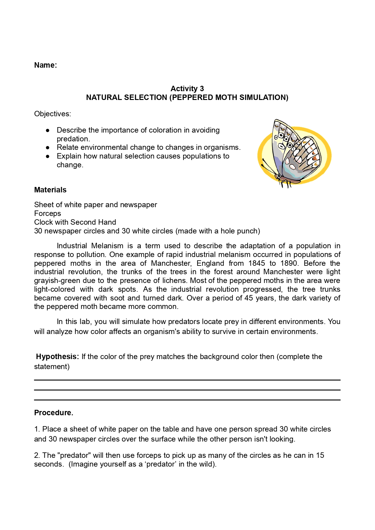 Solved Activity 3 NATURAL SELECTION (PEPPERED MOTH | Chegg.com
